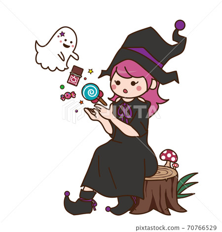 Halloween with a witch and a ghost - Stock Illustration [70766529] - PIXTA