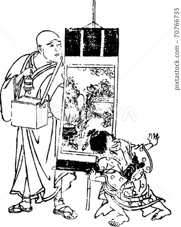 A monk showing the hanging scroll of the Great... - Stock Illustration ...