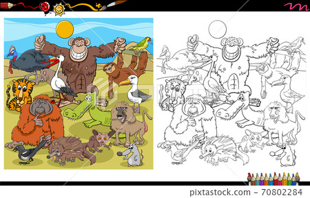cartoon animal characters group coloring book page - Stock Illustration ...