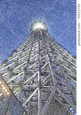 Looking up at night "Tokyo Sky Tree" colored... - Stock Illustration ...