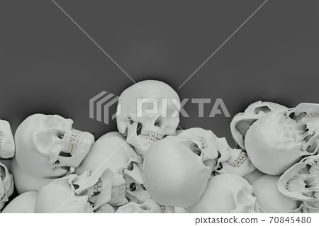 cluster of human skulls against the gray wall,... - Stock Illustration ...