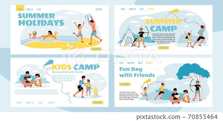 Summer holiday pastime in camp landing page set - Stock Illustration ...