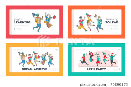 Happy Students Characters Jumping Landing Page... - Stock Illustration ...