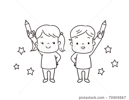 Children line art with a pencil - Stock Illustration [70909867] - PIXTA