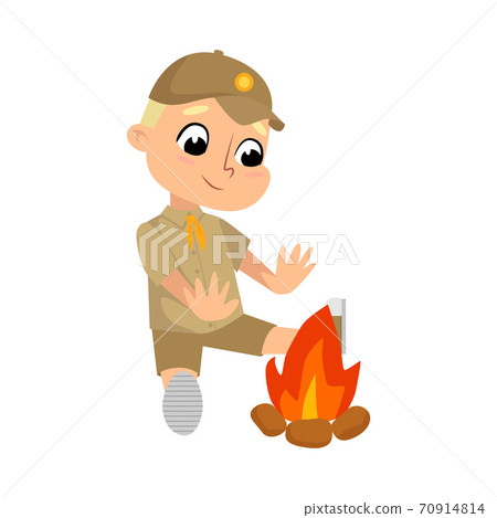 Scout Boy Sitting near Bonfire, Cute Scouting... - Stock Illustration ...