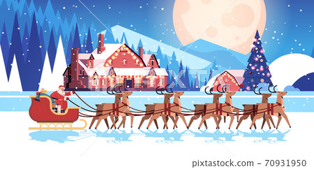 santa riding sledge with reindeers happy new... - Stock Illustration ...