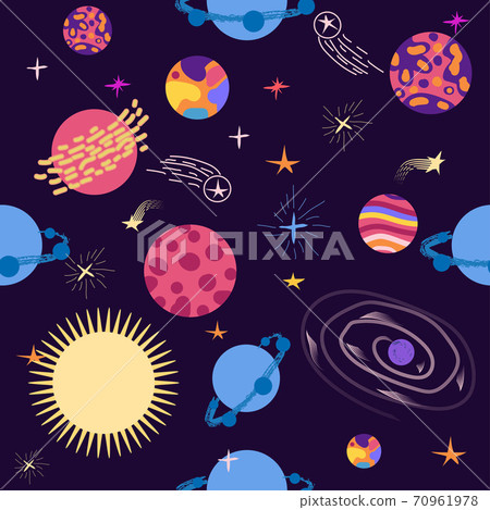 Seamless space pattern. Planets, rockets and... - Stock Illustration ...