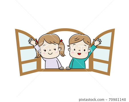Children leaning out of the window and waving - Stock Illustration ...