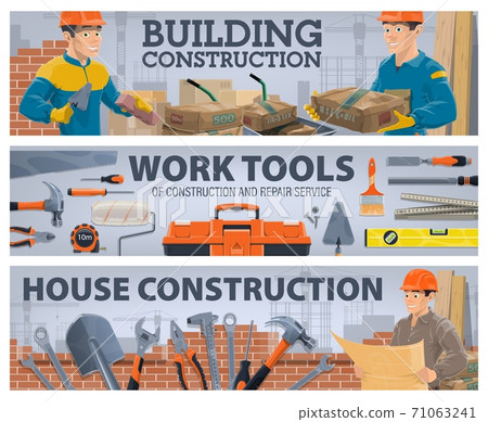 Construction worker and work tools vector banners - Stock Illustration ...