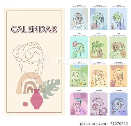 2020 Calendar Woman Face Minimal Line Art. Set... - Stock Illustration ...