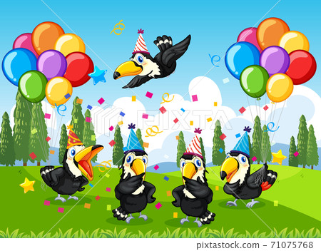Many birds in party theme in nature forest... - Stock Illustration ...