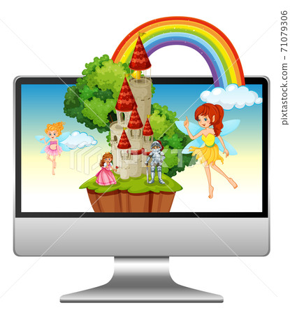 Computer with fairy tale desktop screen background - Stock Illustration ...