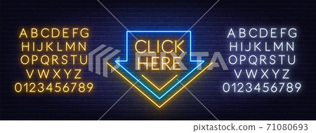 Click here neon sign with arrow on brick wall... - Stock Illustration ...
