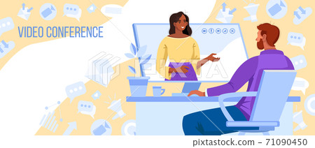 Video call and conference banner with young man... - Stock Illustration ...