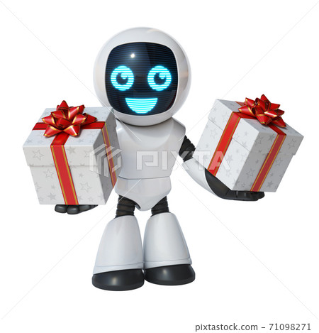 Little robot holding gift box 3d rendering - Stock Illustration ...