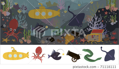 A set of flat sea animals. Marine life,... - Stock Illustration ...