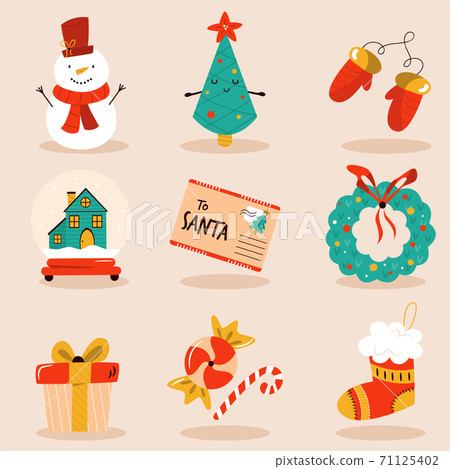 Holiday set with cute characters and decorative... - Stock Illustration ...