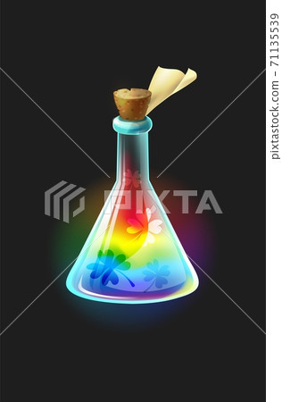 Magic elixir. Flask with tag, rainbow liquid... - Stock Illustration ...