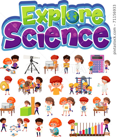 Explore science logo and set of children with - Stock Illustration ...