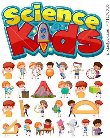 Science kids logo and set of children with - Stock Illustration ...