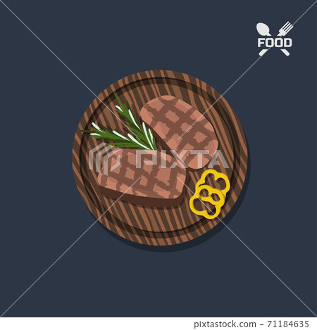 Icon of steak on a wooden plate. Top view.... - Stock Illustration ...