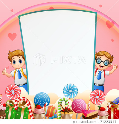 Sweet card background with happy two students - Stock Illustration ...