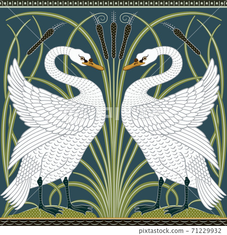 White swan decorative border pattern on dark... - Stock Illustration ...