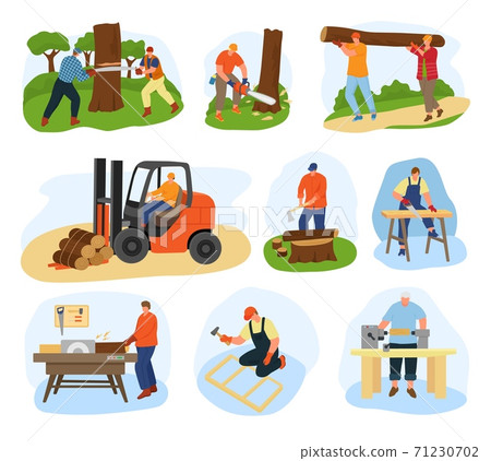 Wood processing vector illustration flat set.... - Stock Illustration ...