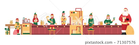 Christmas factory with elves helping Santa flat... - Stock Illustration ...