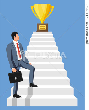 Businessman and gold trophy on ladder of success. - Stock Illustration ...