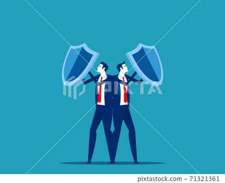 Team holding shields against business. Teamwork... - Stock Illustration ...
