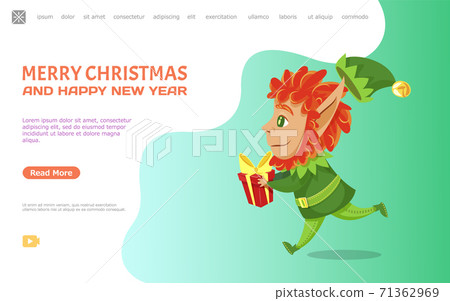 Merry Christmas and Happy New Year, Elf with Gift - Stock Illustration ...