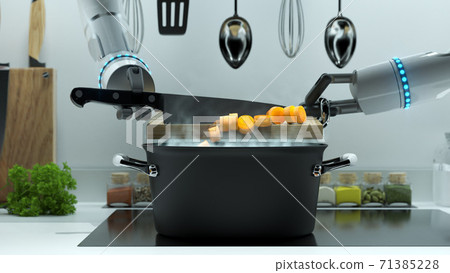 Robot hand throws carrots into boiling water.... - Stock Illustration ...