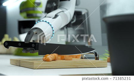 Robot hand prepares food in a modern kitchen.... - Stock Illustration ...