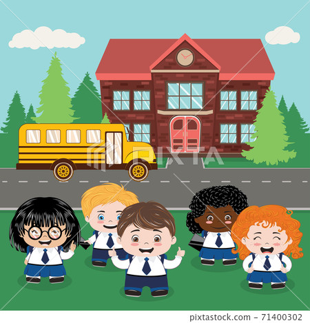 Happy kids and rural school - Stock Illustration [71400302] - PIXTA