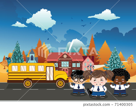 Happy kids and rural school - Stock Illustration [71400305] - PIXTA
