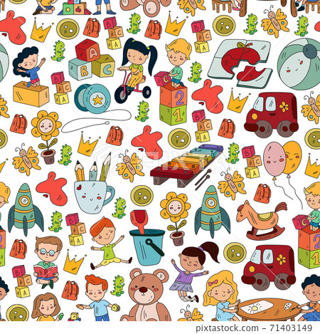 Seamless pattern. Children play with toys in...-插圖素材 [71403149] - PIXTA圖庫