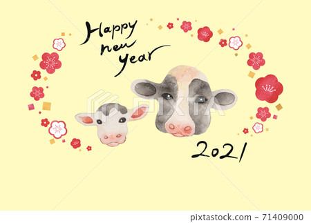 New Year's card 2021 Watercolor painting Cow... - Stock Illustration ...