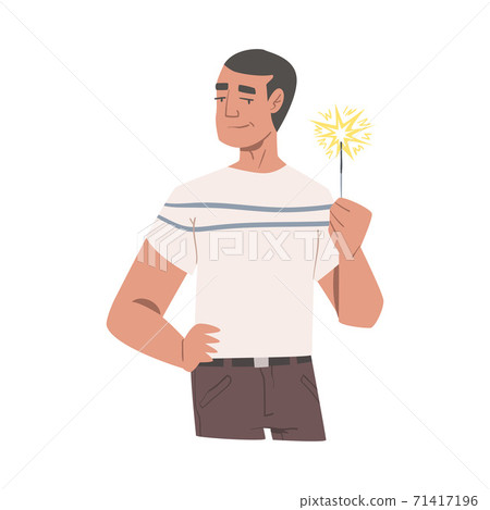 Young Man Holding Burning Sparkler, Guy... - Stock Illustration ...