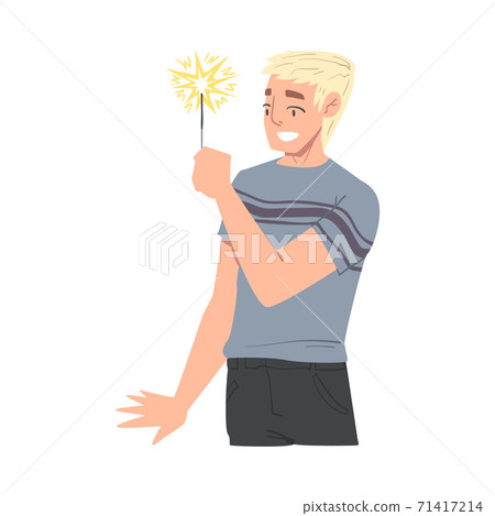 Smiling Man Holding Burning Sparkler, Guy in... - Stock Illustration ...