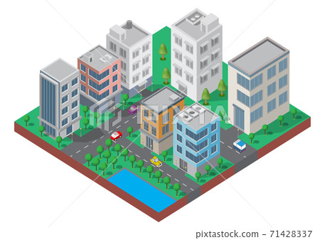 Isometric Building vector. Three building on... - Stock Illustration ...