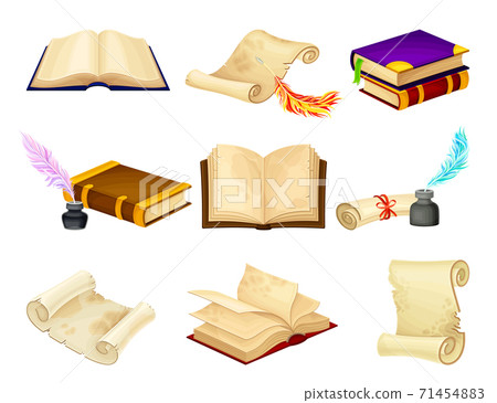 Old Books in Hard Cover with Pages and Scrolls... - Stock Illustration ...