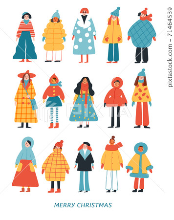 Merry Christmas poster with women in stylish... - Stock Illustration ...