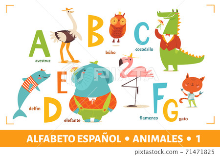 Spanish language alphabet poster with cartoon... - Stock Illustration ...