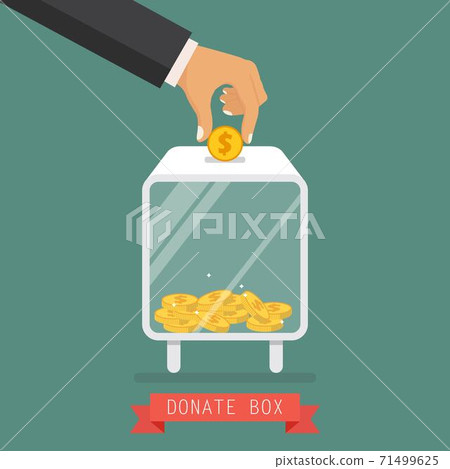 Donation box concept. Hand insert coin into... - Stock Illustration ...