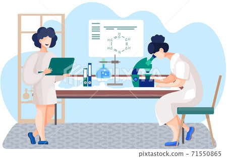 Scientific research. A woman is looking through... - Stock Illustration ...