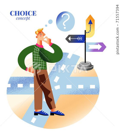 Confused man standing and looking at road sign... - Stock Illustration ...