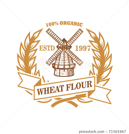 Wheat flour label template with wind mill.... - Stock Illustration ...
