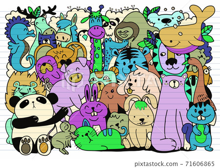 Vector cartoon big set of cute doodle animals.... - Stock Illustration ...