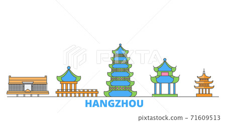 China, Hangzhou line cityscape, flat vector.... - Stock Illustration ...